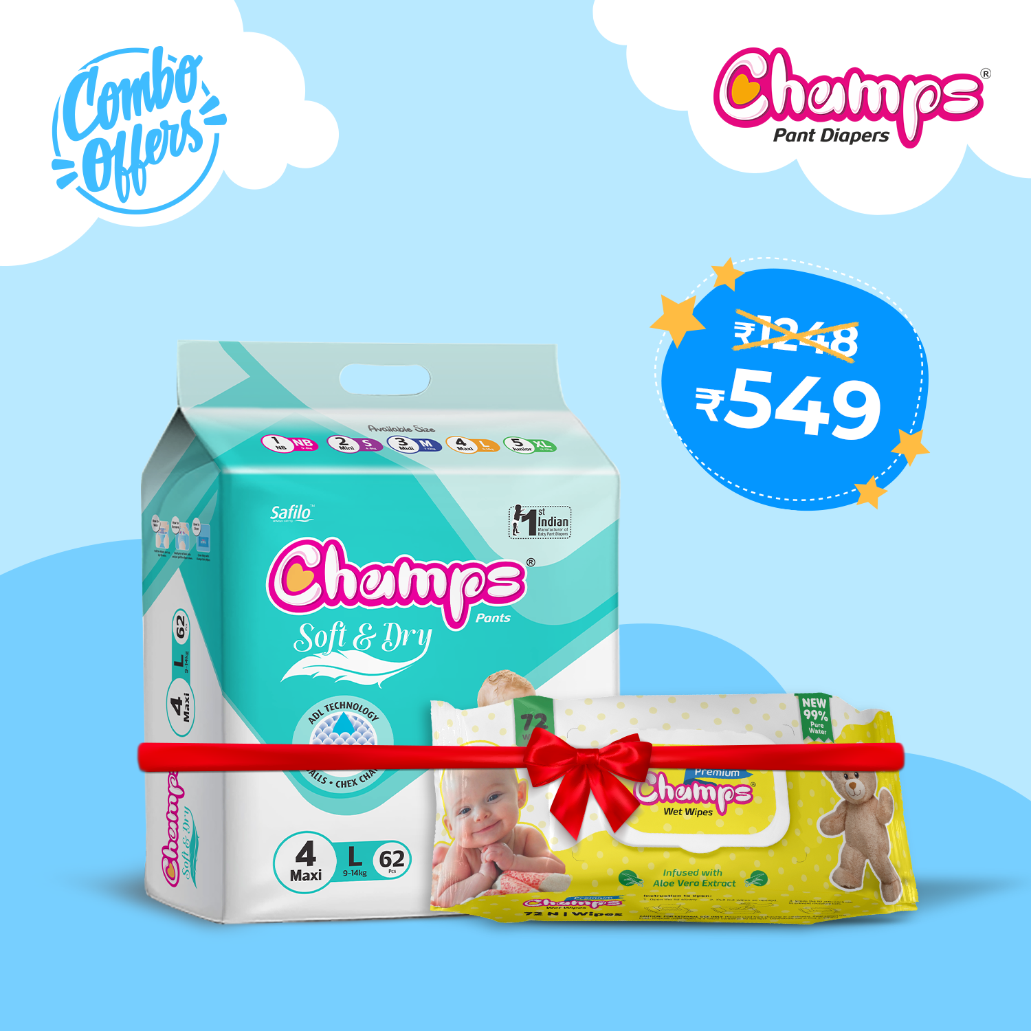 CHAMPS DIAPER L-62 PANTS + WET WIPES