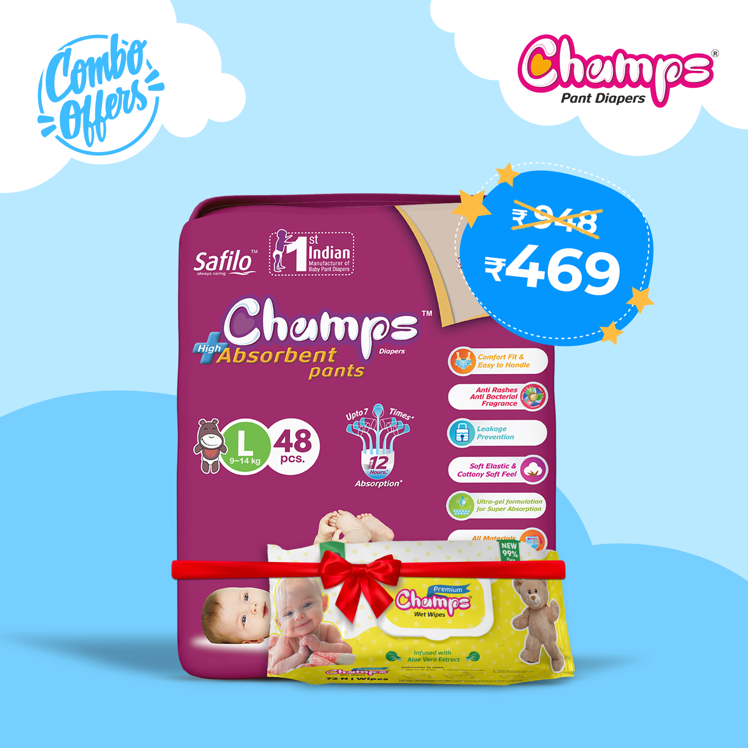 CHAMPS DIAPER L-48 PANTS + WET WIPES